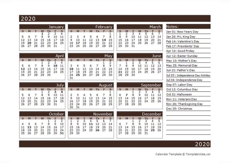 2020 One Page 12-months Calendar Template - Template Vista